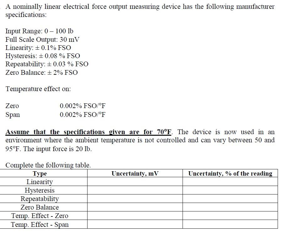 A nominally linear electrical force output measuring | Chegg.com