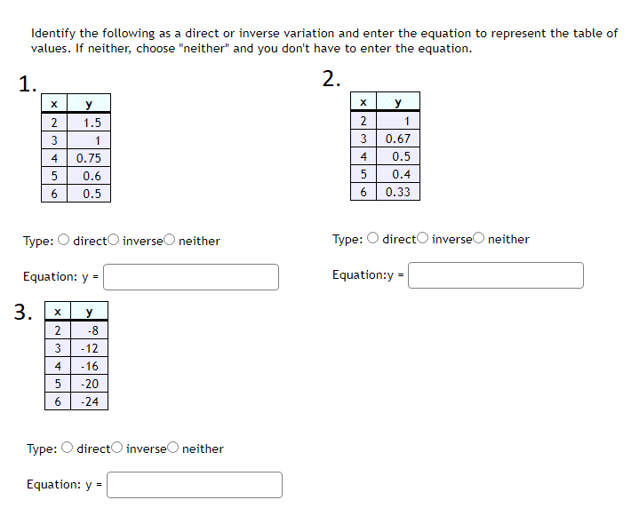 Solved х Identify the following as a direct or inverse | Chegg.com