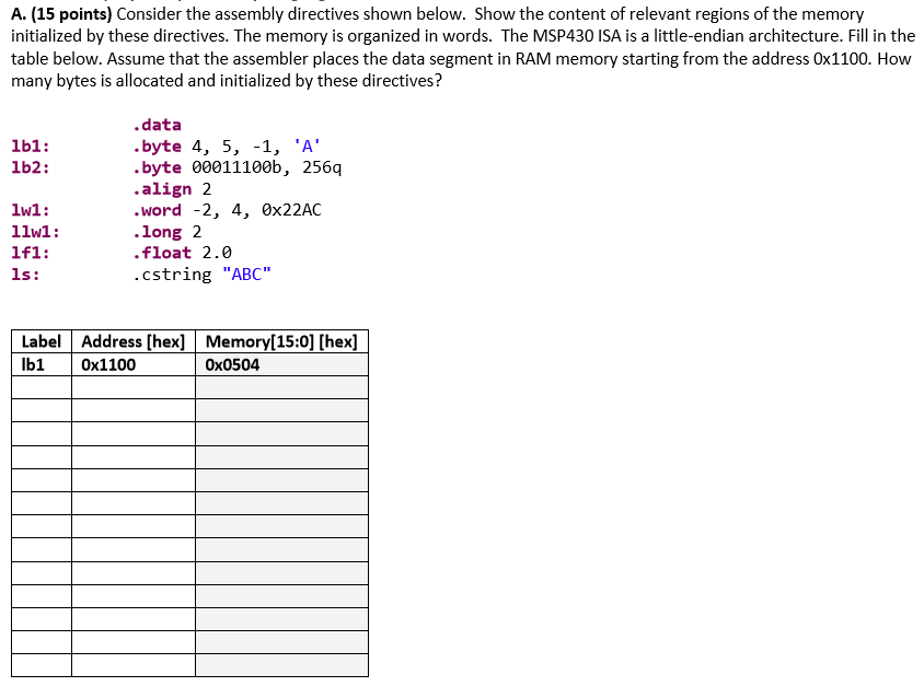 Consider the assembly directives shown below. Show | Chegg.com