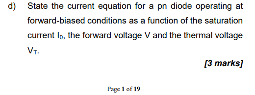 Solved d) State the current equation for a pn diode | Chegg.com