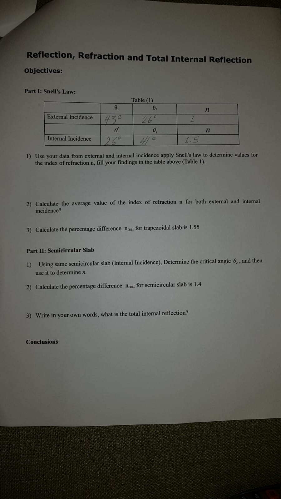 Solved Reflection, Refraction and Total Internal Reflection | Chegg.com