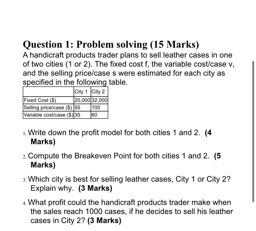 Solved Question 1: Problem solving (15 Marks) A handicraft | Chegg.com