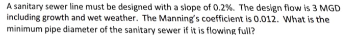Solved A sanitary sewer line must be designed with a slope | Chegg.com