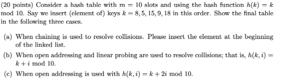 Solved (20 points) Consider a hash table with m = 10 slots | Chegg.com