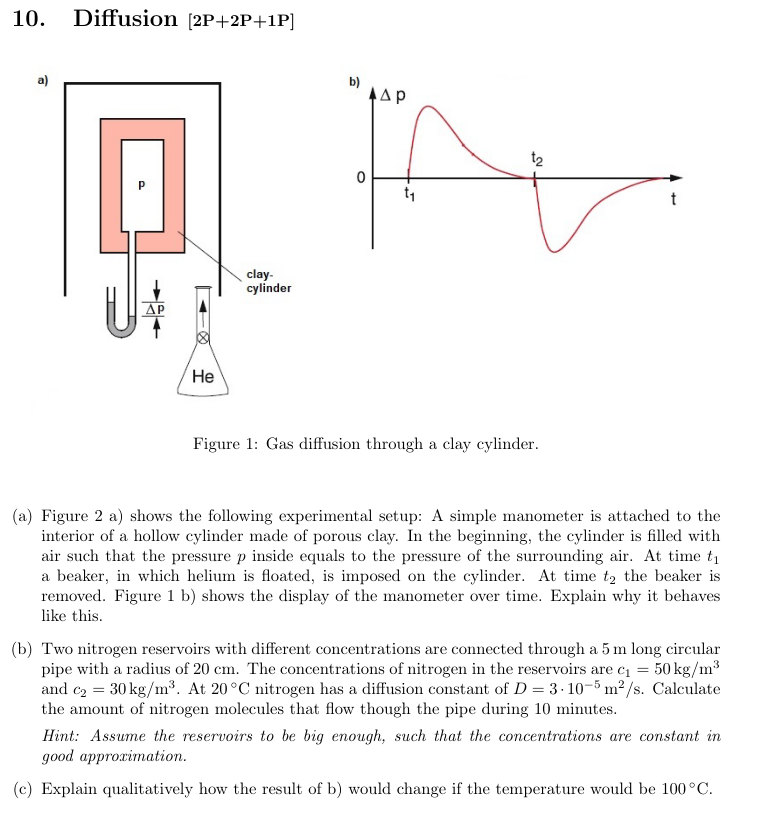 Solved 10. Diffusion (2P+2P+1P] a) b) Др t2 IN 0 P t1 clay | Chegg.com