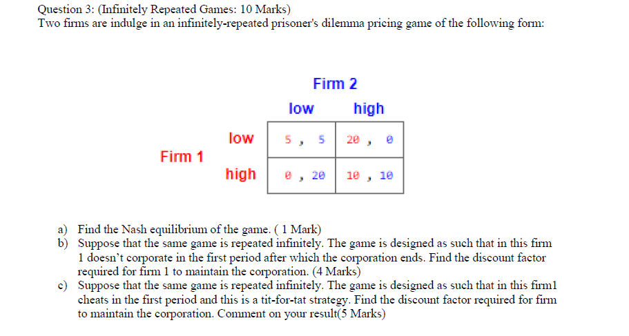 Question 3: Infinitely Repeated Games: 10 Marks) Two | Chegg.com