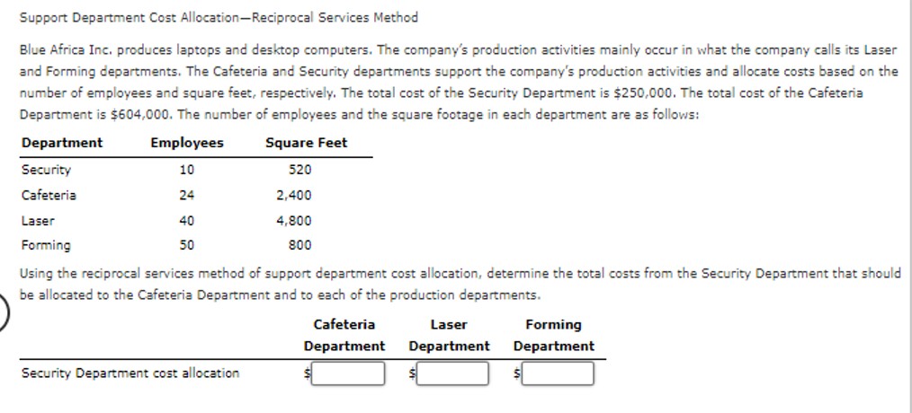 Solved Support Department Cost Allocation-Reciprocal | Chegg.com