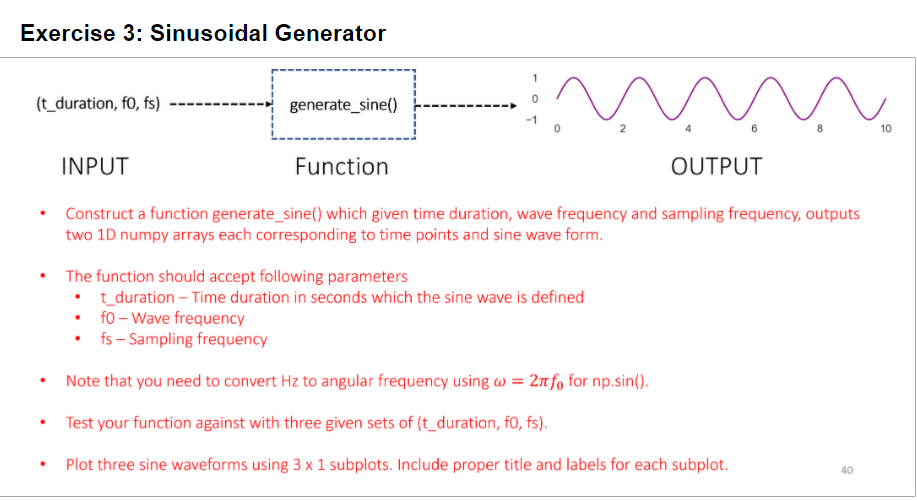 Solved Exercise 3: Sinusoidal Generator 0 (t_duration, fo, | Chegg.com