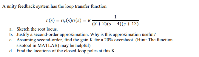 Solved A unity feedback system has the loop transfer | Chegg.com