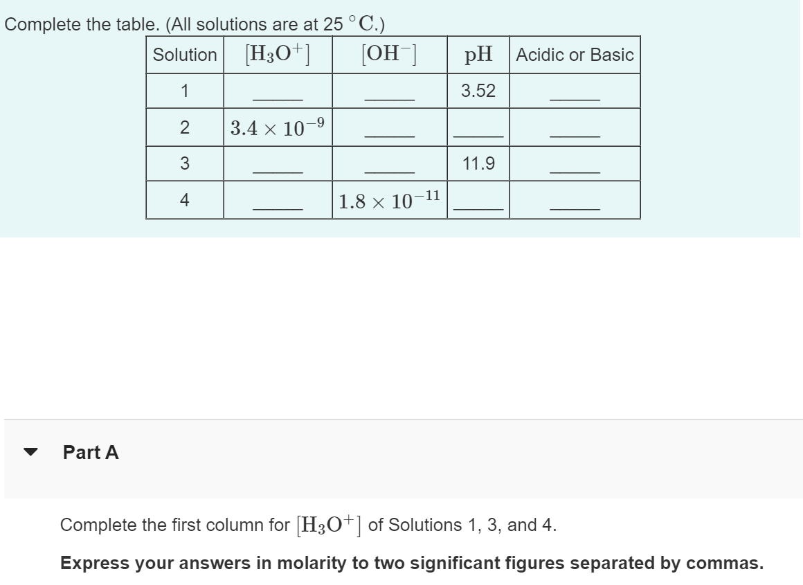 Solved Complete the table. (All solutions are at 25∘C.) Part | Chegg.com