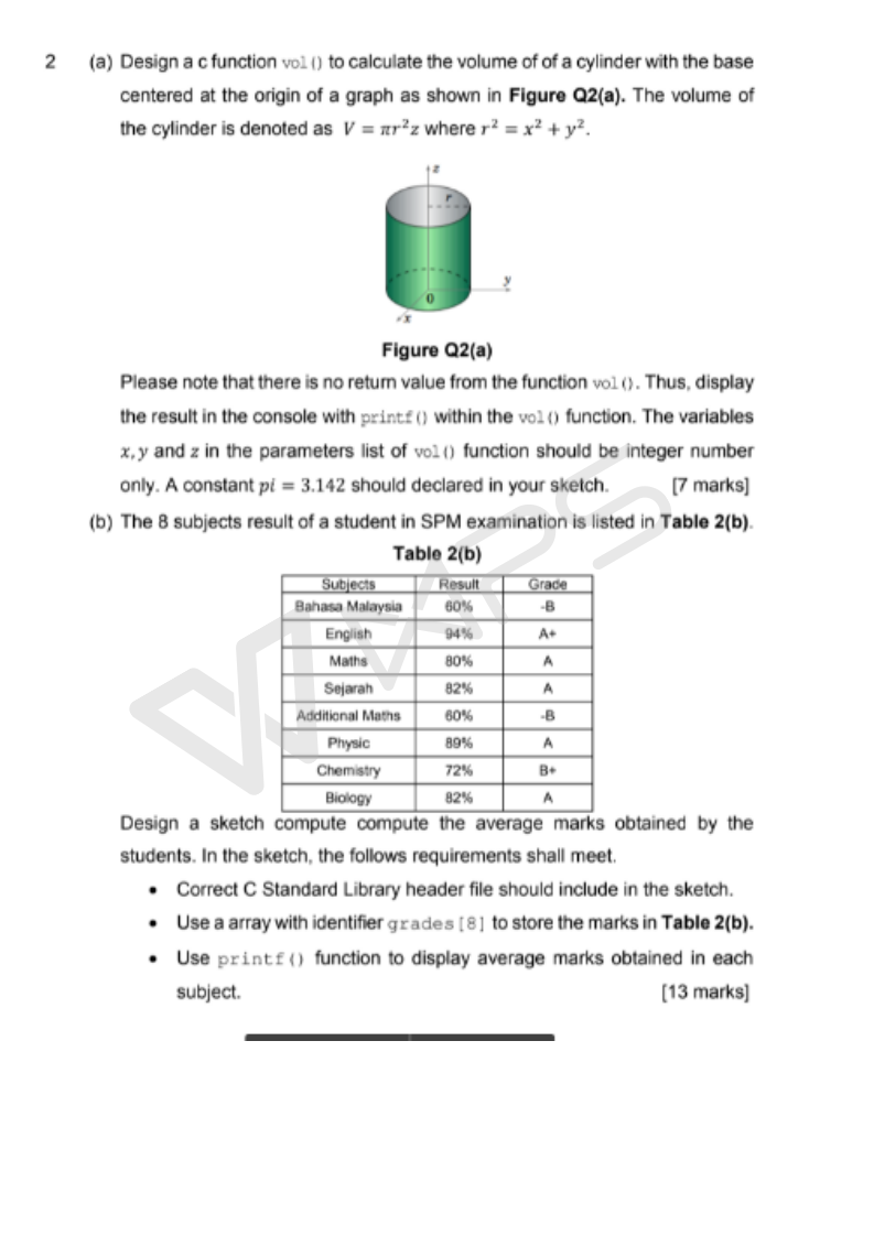 Solved 2 (a) Design a c function vol 1) to calculate the | Chegg.com