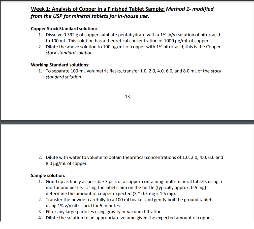 Solved Week 1: Analysis of Copper in a Finished Tablet | Chegg.com