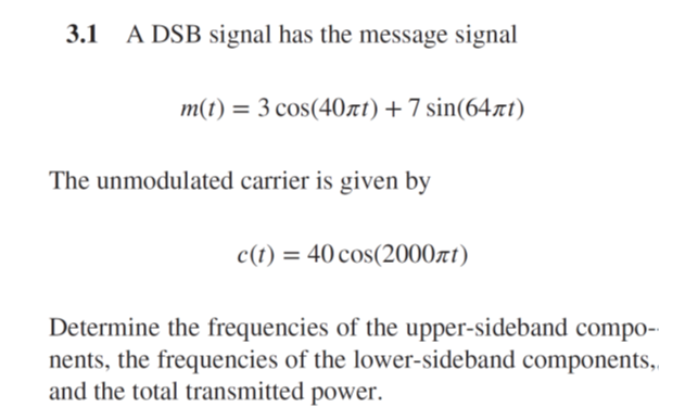 Solved 3.1 A DSB signal has the message signal m(t)-3 | Chegg.com