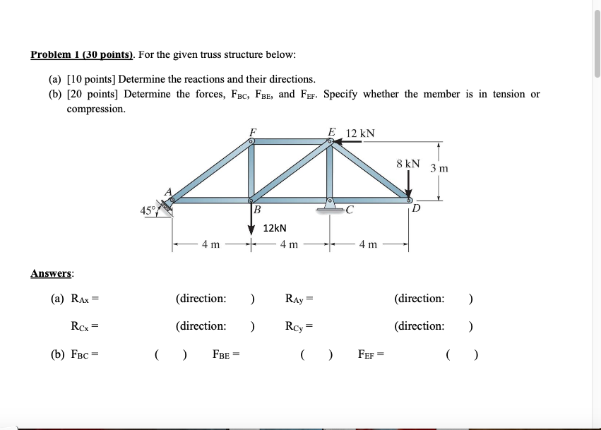 Solved Problem 1 ( 30 points). For the given truss structure | Chegg.com