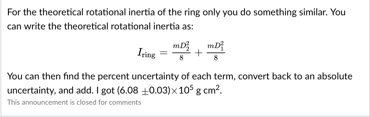 Solved For the theoretical rotational inertia of the ring | Chegg.com