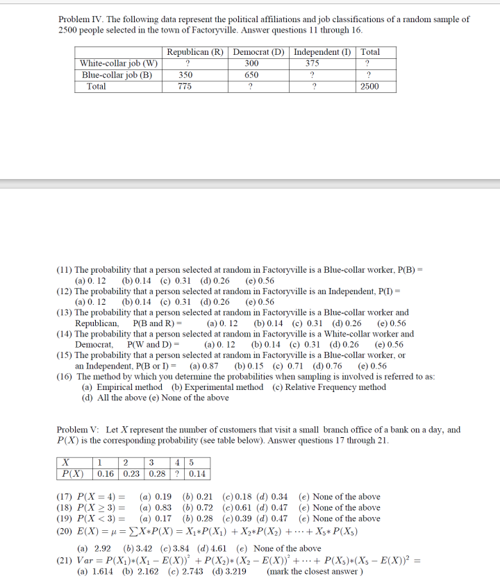 Solved Problem IV. The following data represent the | Chegg.com
