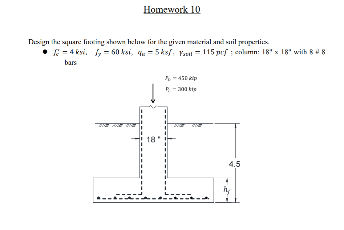 Solved Homework 10 Design the square footing shown below for | Chegg.com
