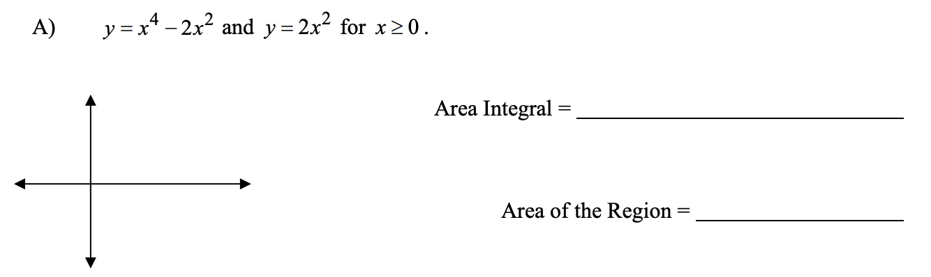 Solved A) y=x4 – 2x2 and y = 2x2 for x 20. Area Integral | Chegg.com