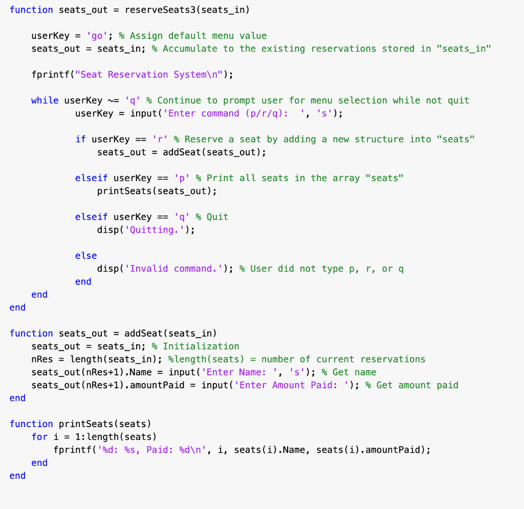 In MATLAB Use these example codes for the "seat | Chegg.com