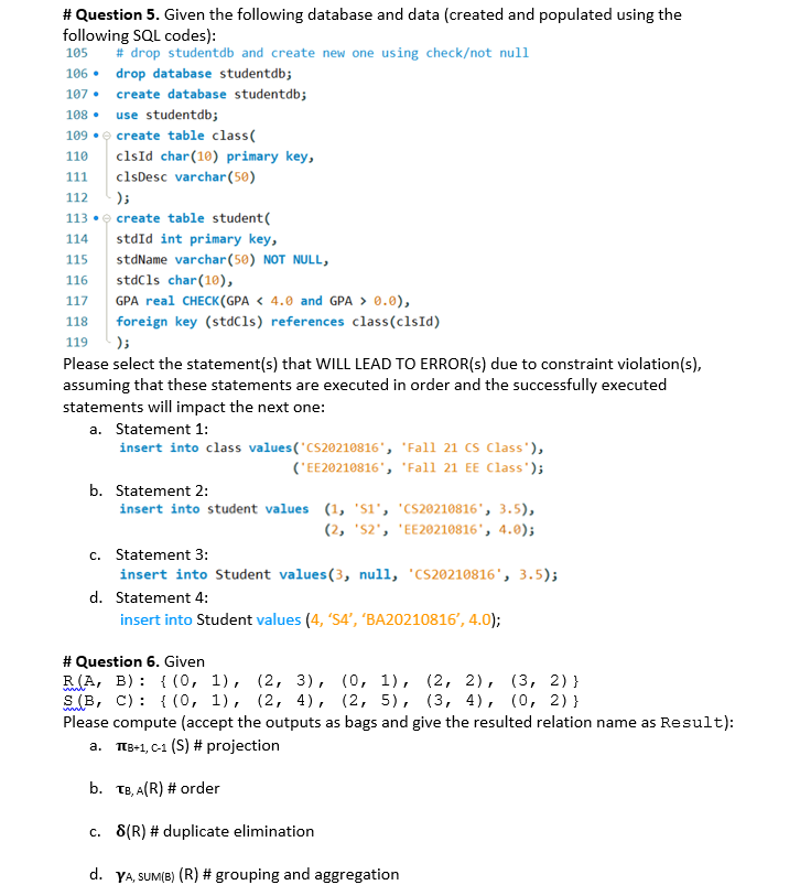 Solved 110 112 113 115 117 # Question 5. Given the following | Chegg.com