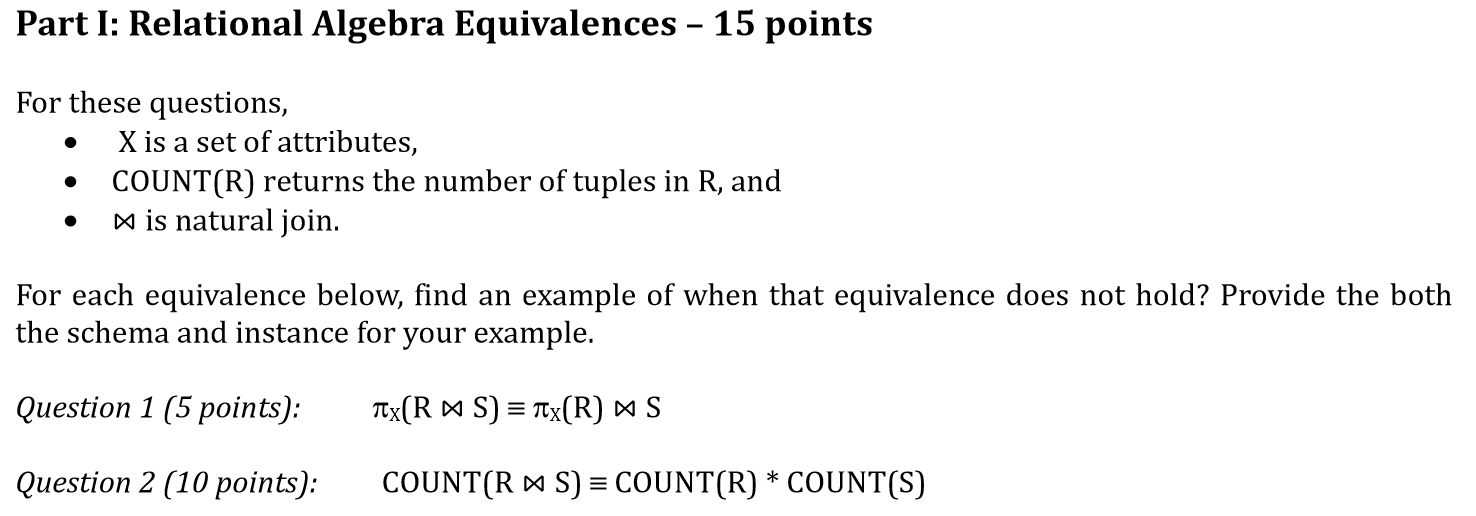 Solved Part I: Relational Algebra Equivalences - 15 points | Chegg.com