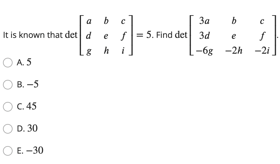 Solved It is known that det⎣⎡adgbehcfi⎦⎤=5. Find | Chegg.com Solved It is known that det⎣⎡adgbehcfi⎦⎤=5. Find | Chegg.com