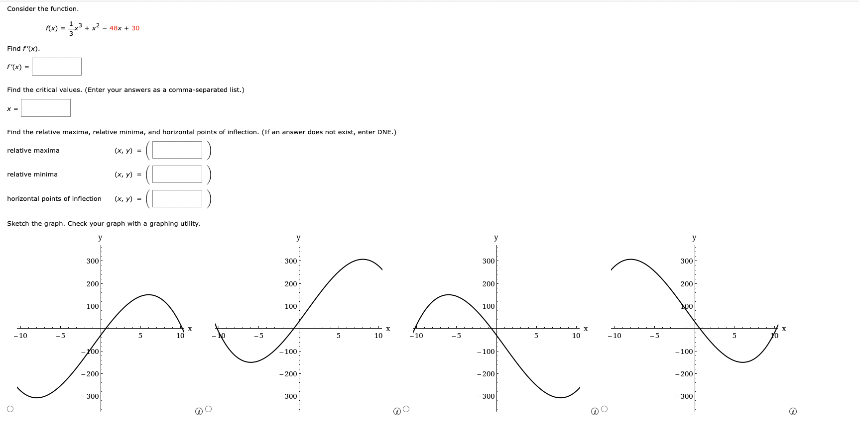 Solved Consider the function. f(x)=31x3+x2−48x+30 Find f′(x) | Chegg.com