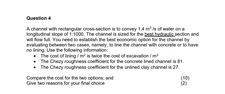 Solved A channel with rectangular cross-section is to convey | Chegg.com