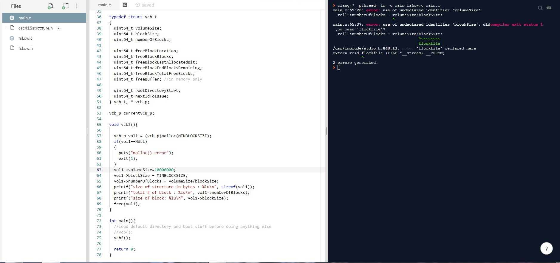 Files : main.c. saved 35 ? clang-7 -pthread -lm -o | Chegg.com