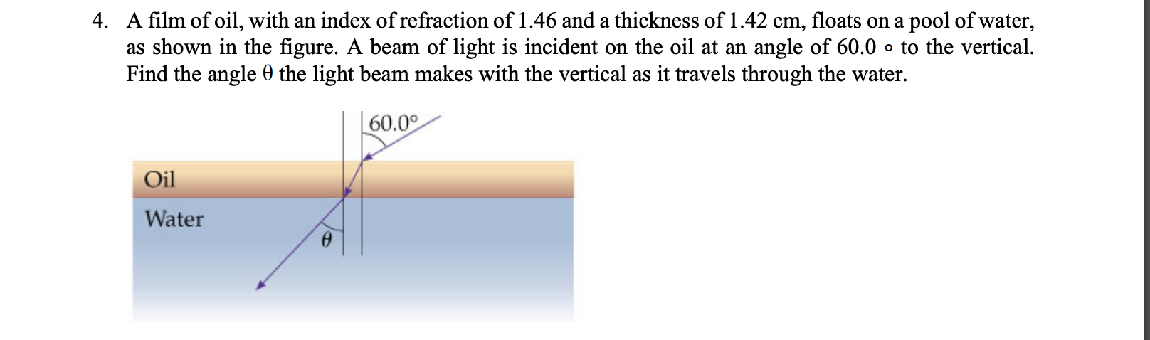 Solved 4. A film of oil, with an index of refraction of 1.46 | Chegg.com
