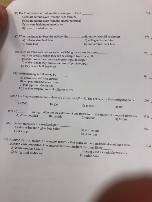 Solved 96) 96) The Common-base configuration is unique in | Chegg.com
