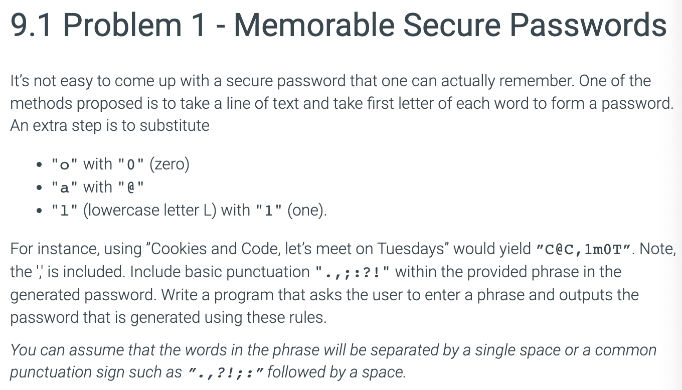 Solved 9.1 Problem 1 - Memorable Secure Passwords It's not | Chegg.com