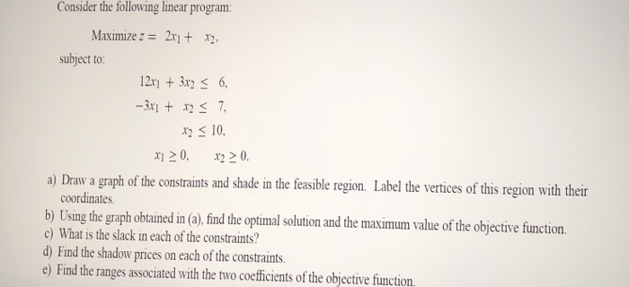 Solved Consider the following linear program Maximize z=2x1+ | Chegg.com