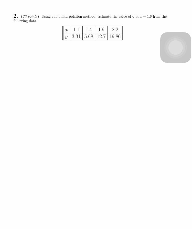 Solved 2. (20 points) Using cubic interpolation method, | Chegg.com
