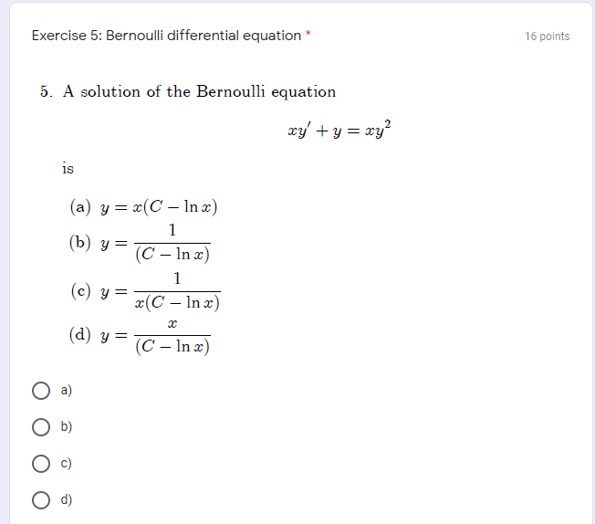 Solved Exercise 5: Bernoulli differential equation* 16 | Chegg.com
