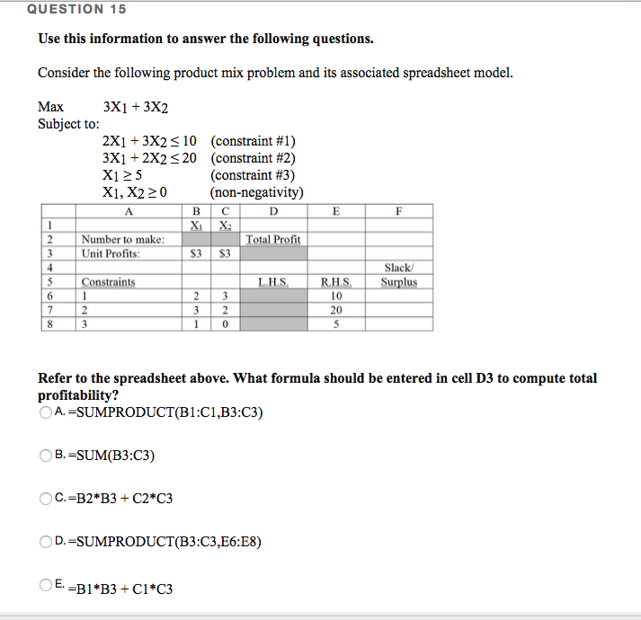 Solved QUESTION 15 Use this information to answer the | Chegg.com