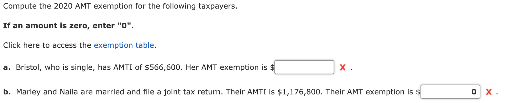 Solved Compute the 2020 AMT exemption for the following | Chegg.com