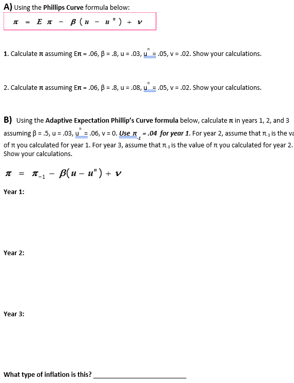 Solved π=Eπ−β(u−un)+v 1. Calculate π assuming | Chegg.com