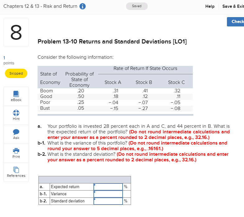 Solved Chapters 12 & 13 - Risk and Return Saved Help Save & | Chegg.com