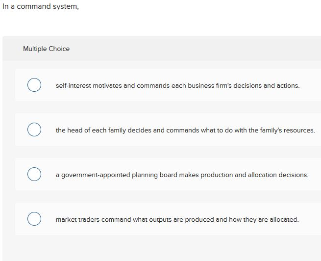 Solved In a command system Multiple Choice self-interest | Chegg.com