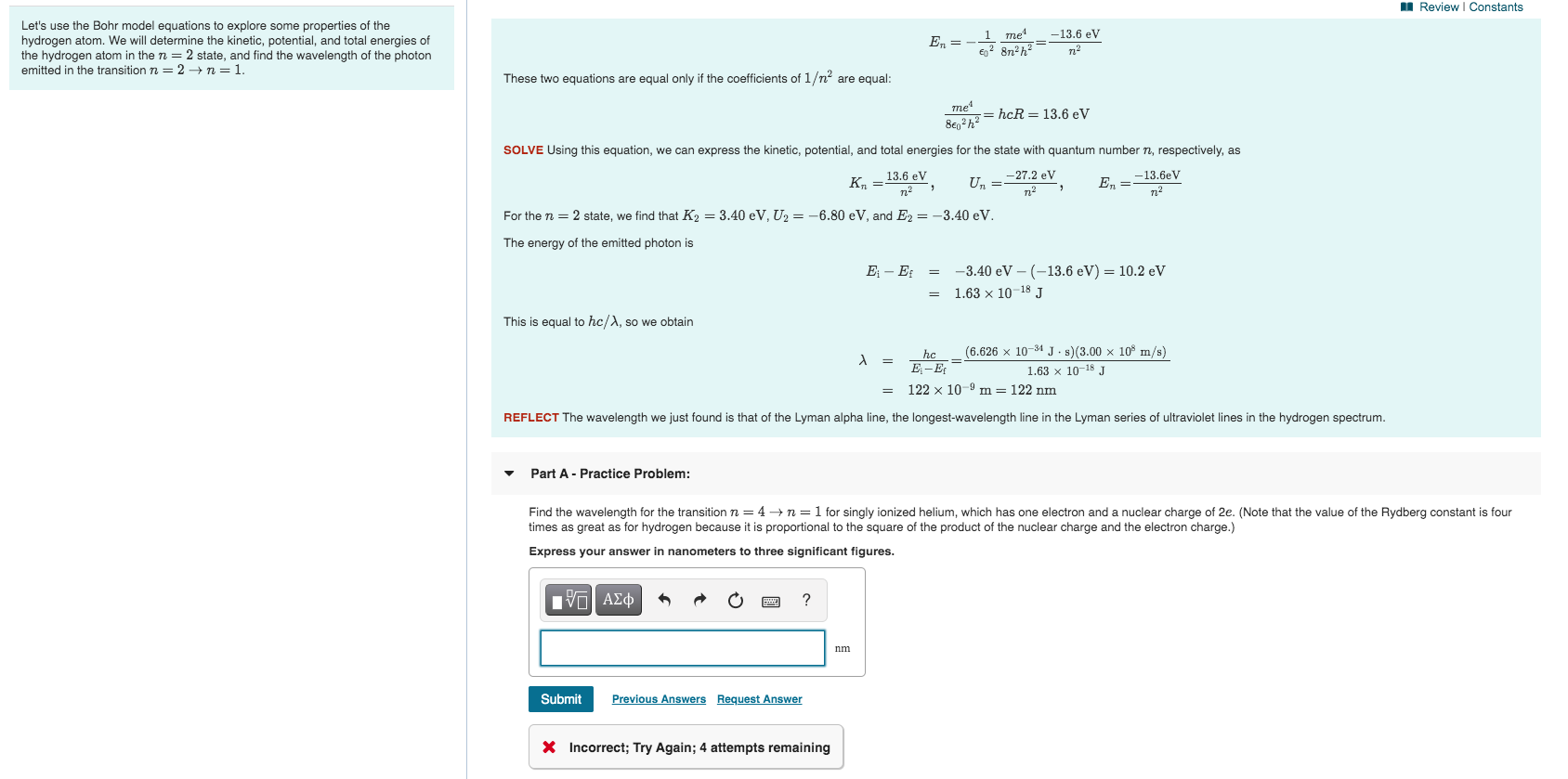 Solved Review Constants Let's use the Bohr model equations | Chegg.com
