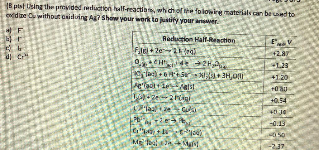 Solved (8 pts) Using the provided reduction half-reactions, | Chegg.com