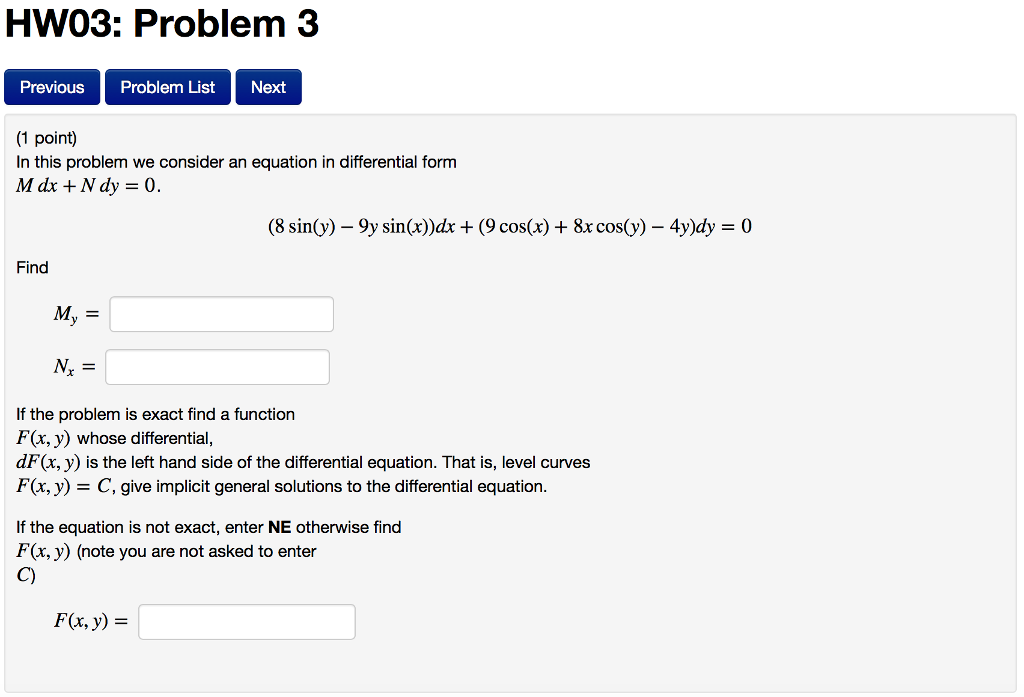 Solved HW03: Problem 3 Previous Problem List Next (1 point) | Chegg.com