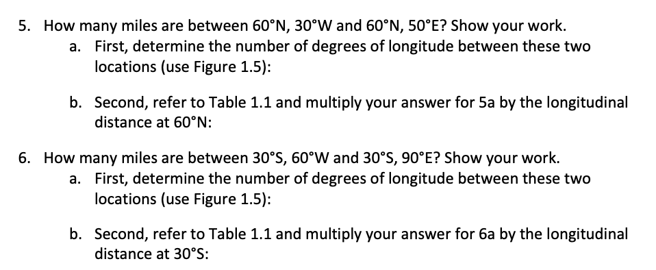 Solved 5. How many miles are between 60°N, 30°W and 60°N, | Chegg.com
