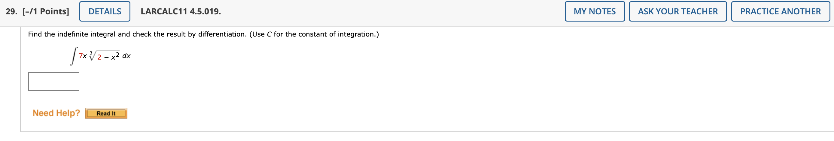 Solved 29. [-/1 Points] DETAILS Find the indefinite integral | Chegg.com