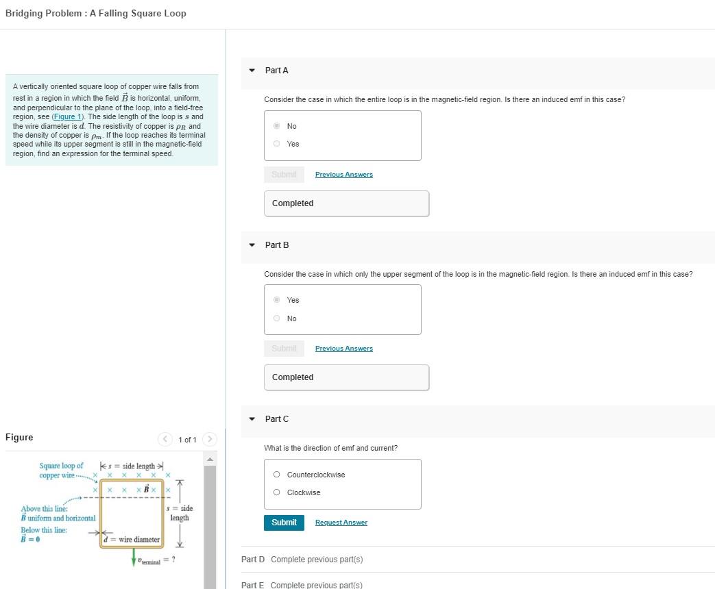 Solved Bridging Problem: A Falling Square Loop Part A | Chegg.com