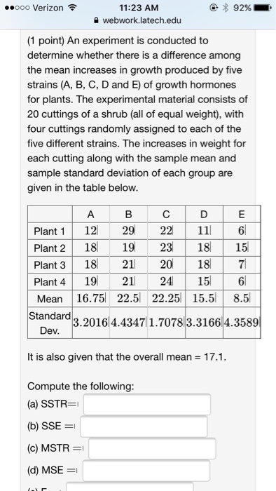Solved An experiment is conducted to determine whether there | Chegg.com