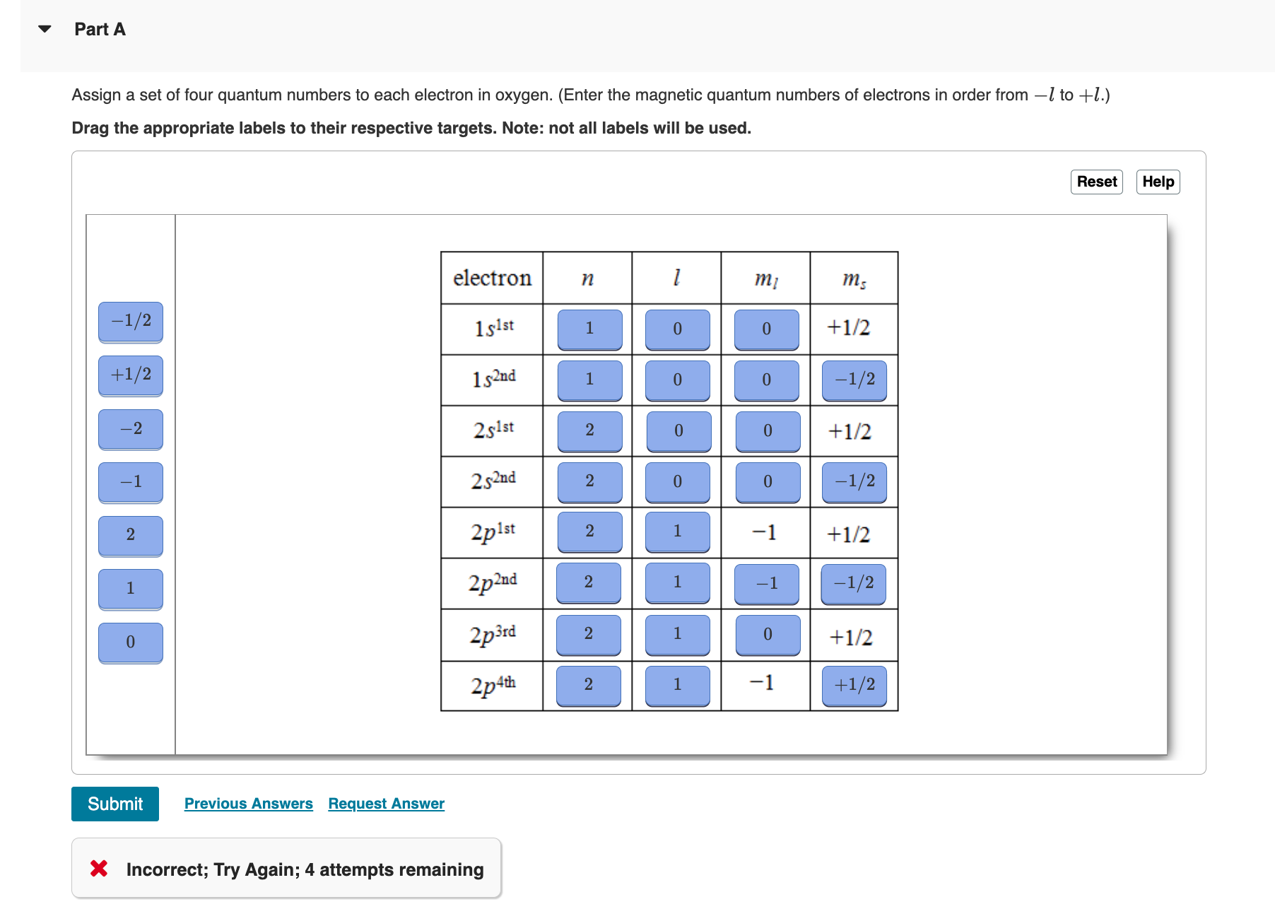 Solved Assign a set of four quantum numbers to each electron | Chegg.com