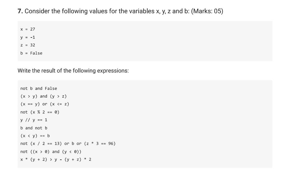 Solved 7. Consider the following values for the variables | Chegg.com