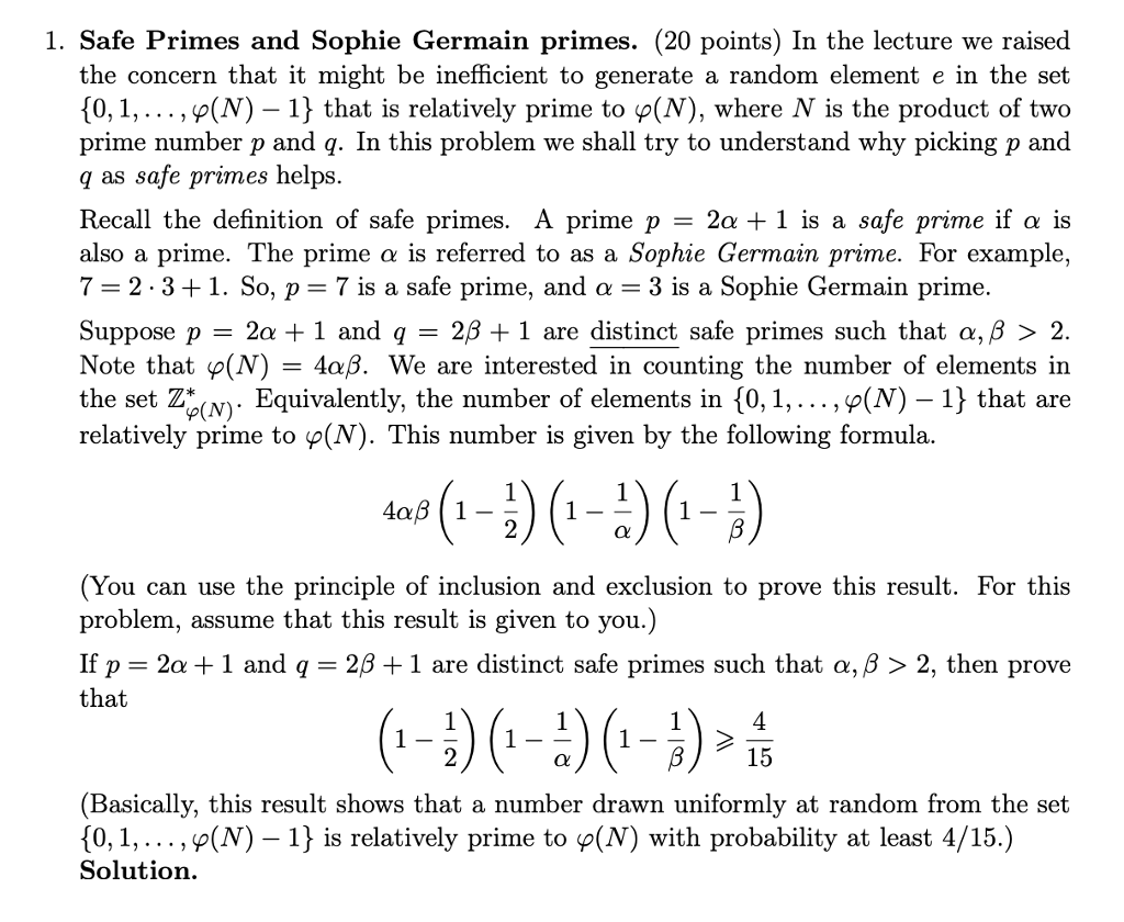 1. Safe Primes and Sophie Germain primes. (20 points) | Chegg.com